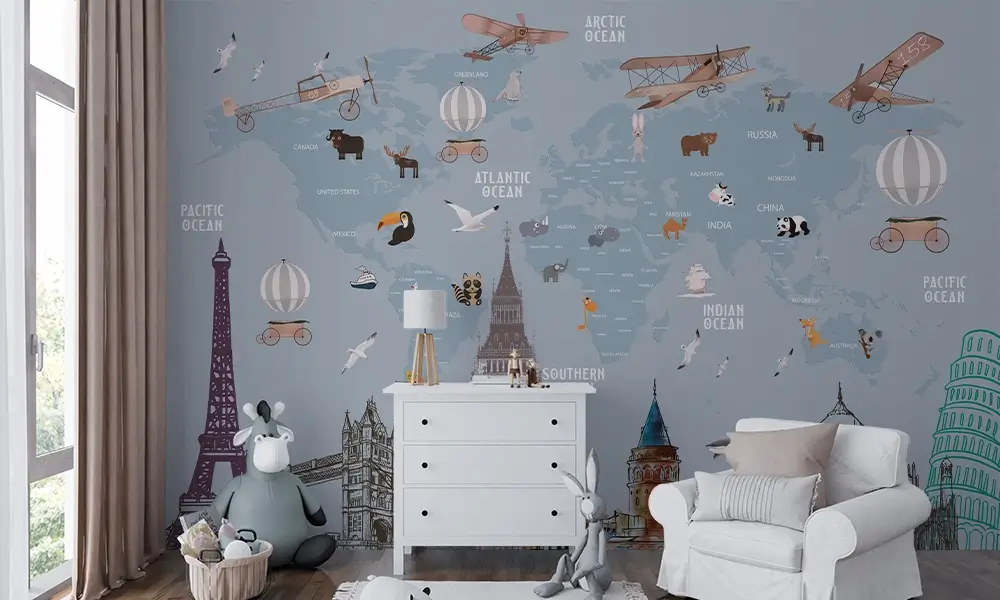 Tapet pentru copii Around the World-tapet harta lumii copii, ecologic